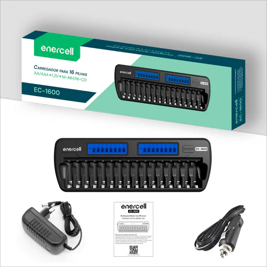 Carregador da ENERCELL rápido e inteligente para 16 pilhas AA/AAA ...